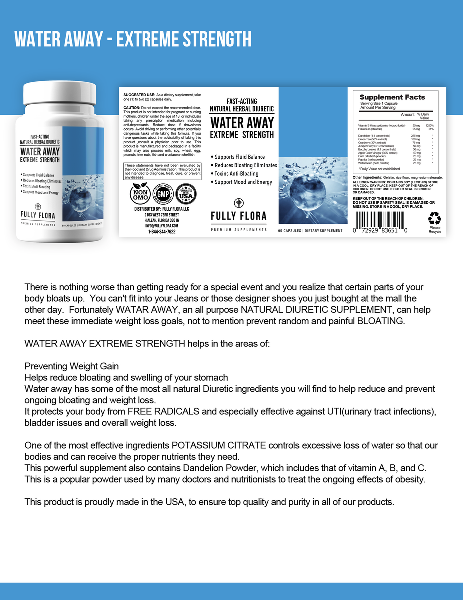 Fully Flora Diuretic Water Away Pills 700mg Weight Loss...