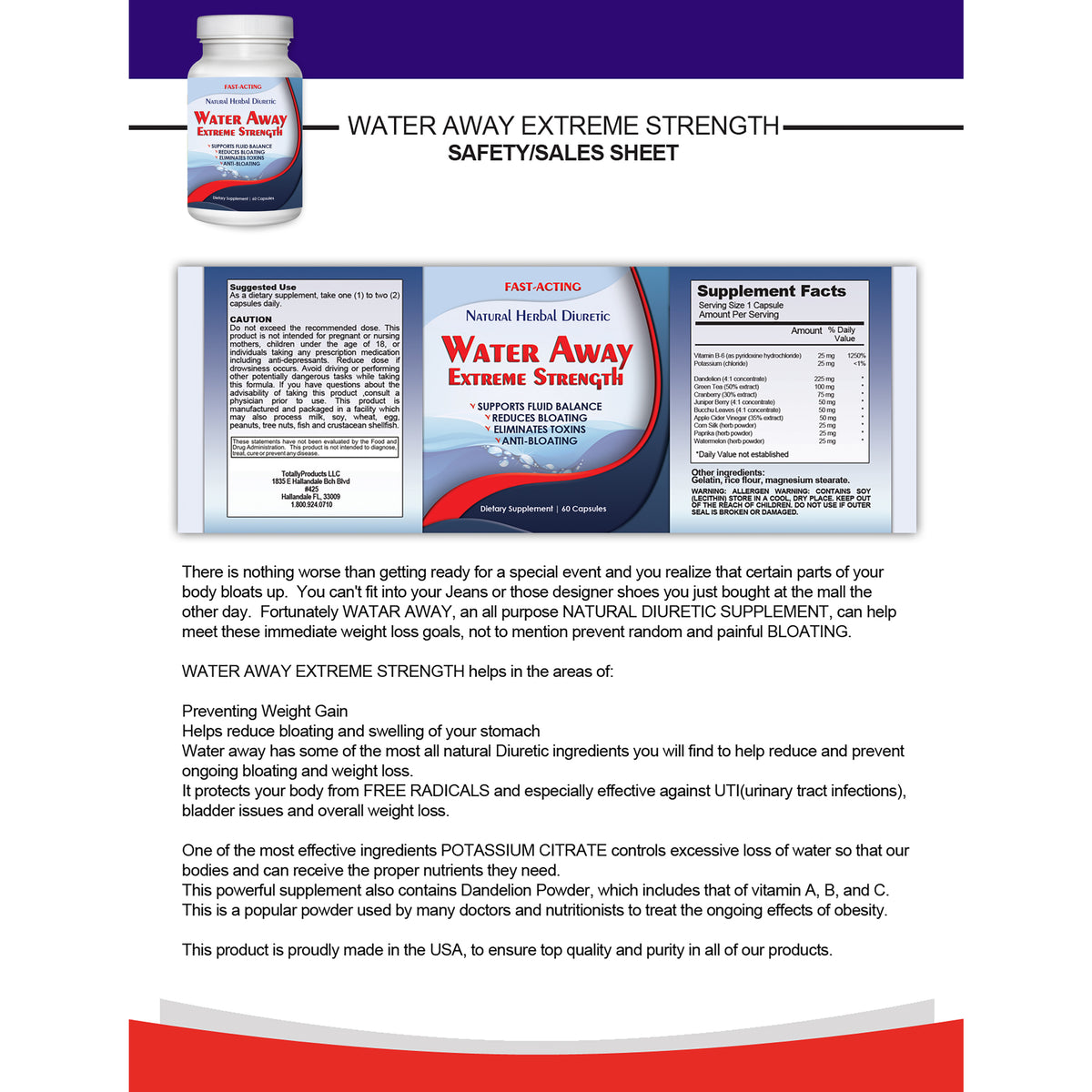 Water Away Natural Diuretic Water Pill (60 Capsules)